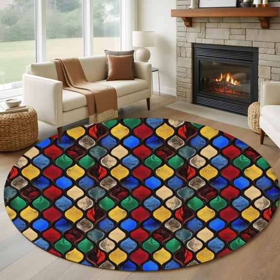 Abstract Round Rugs for Living Room 6ft Stained Glass Moroccan Texture ...