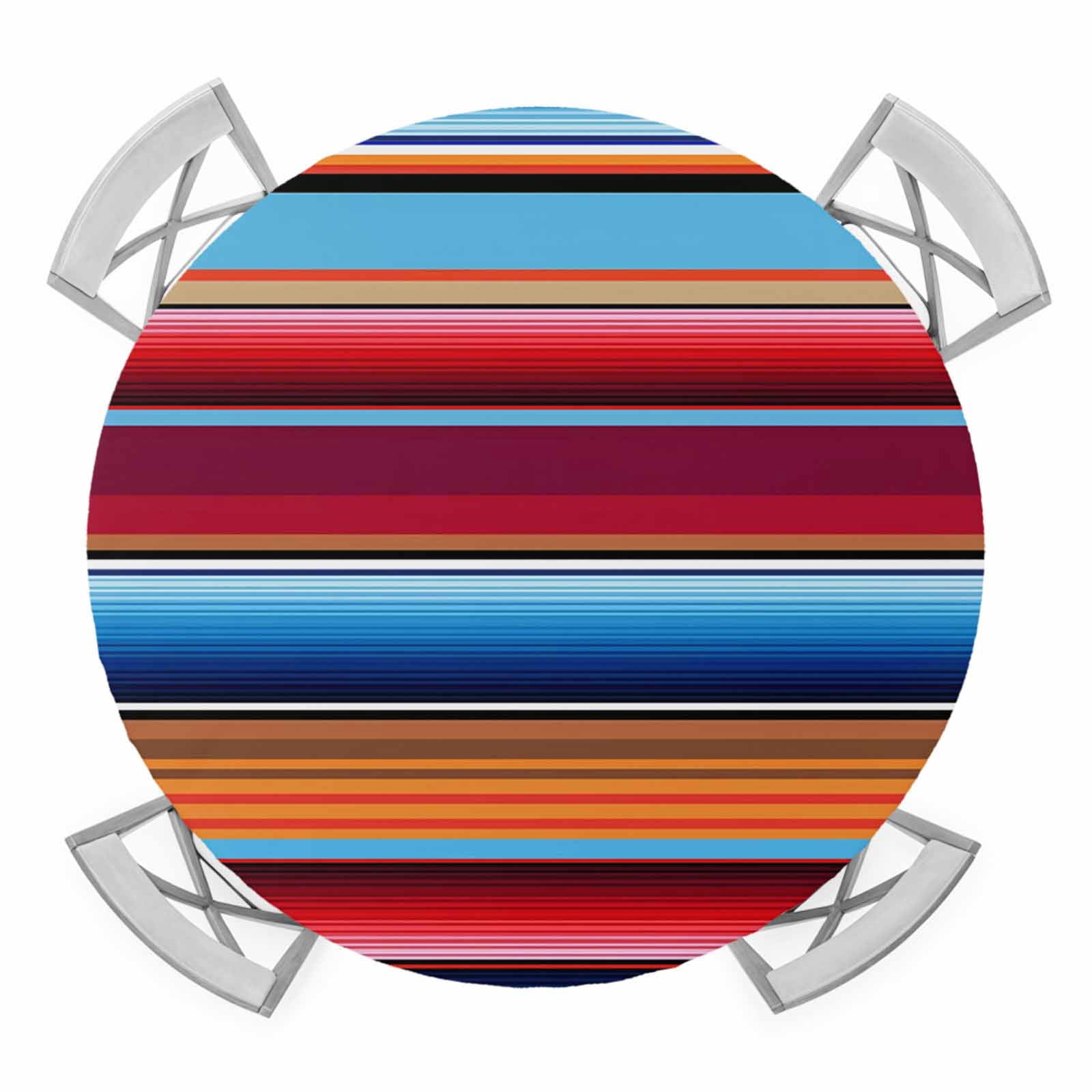 Abstract Round Table Cover, Colorful Mexican Stripe Blue Red Farmhouse ...