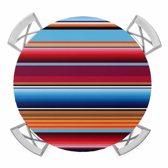 Abstract Round Table Cover, Colorful Mexican Stripe Blue Red Farmhouse ...
