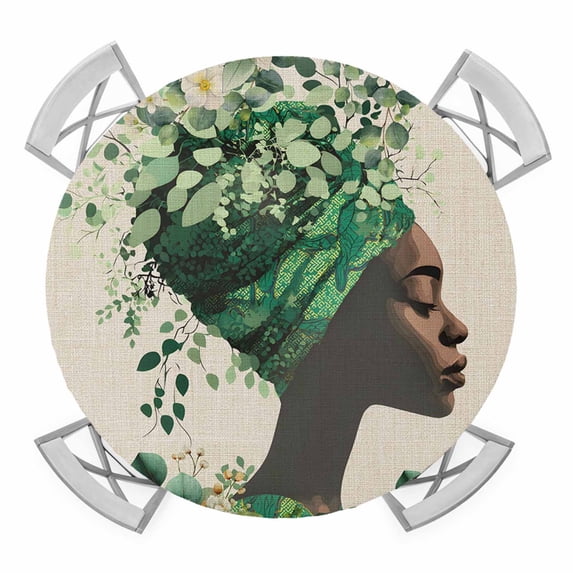 Abstract Round Table Cover, Women with Head Scarves Green Eucalyptus ...