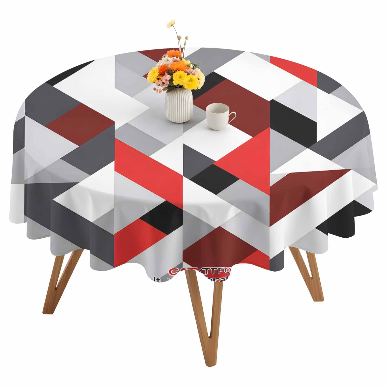 Abstract Round Tablecloth 54 inches Red Black Geometric Modern Design ...