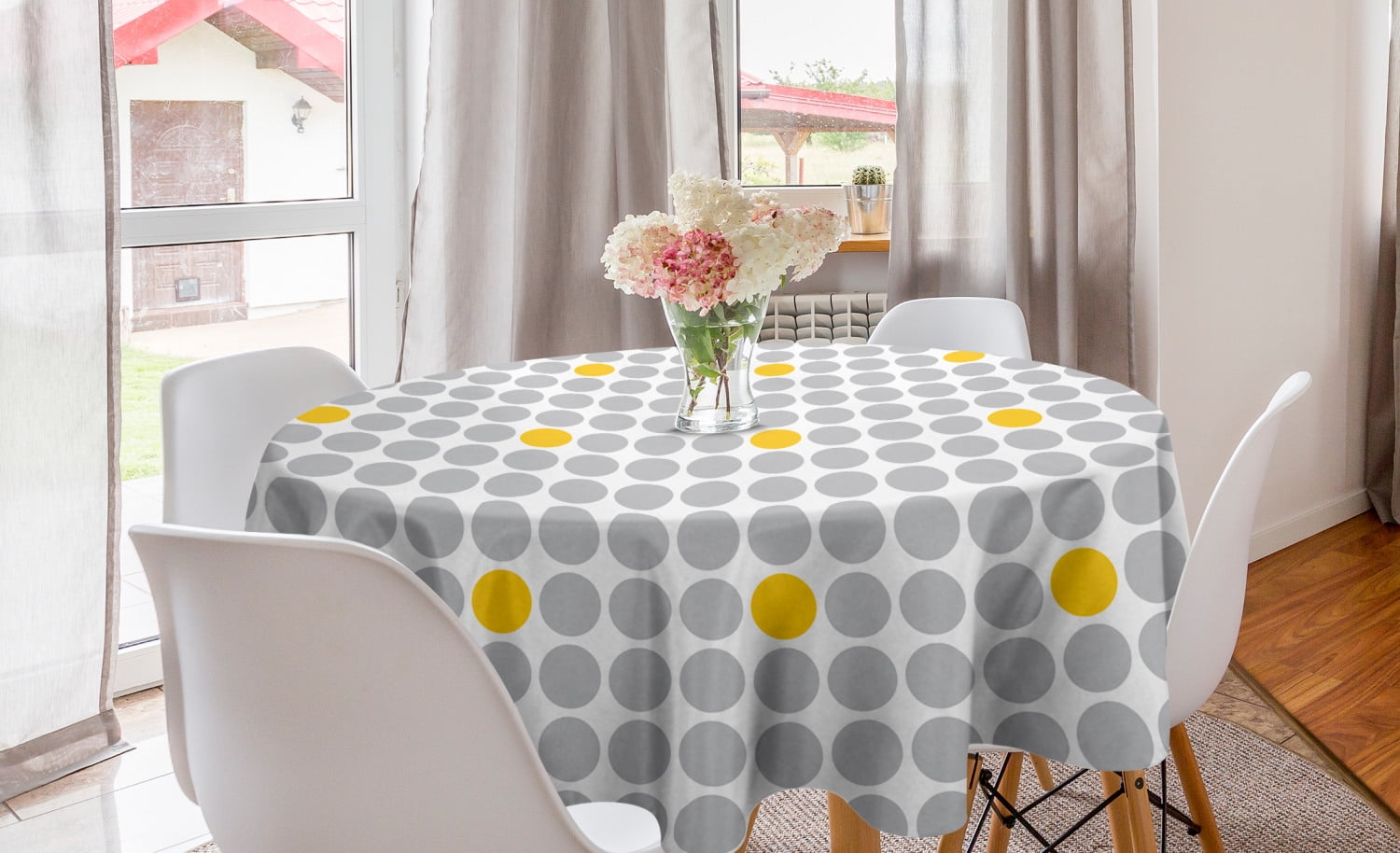 Abstract Round Tablecloth, Grey and Yellow Repetitive Polka Dots ...