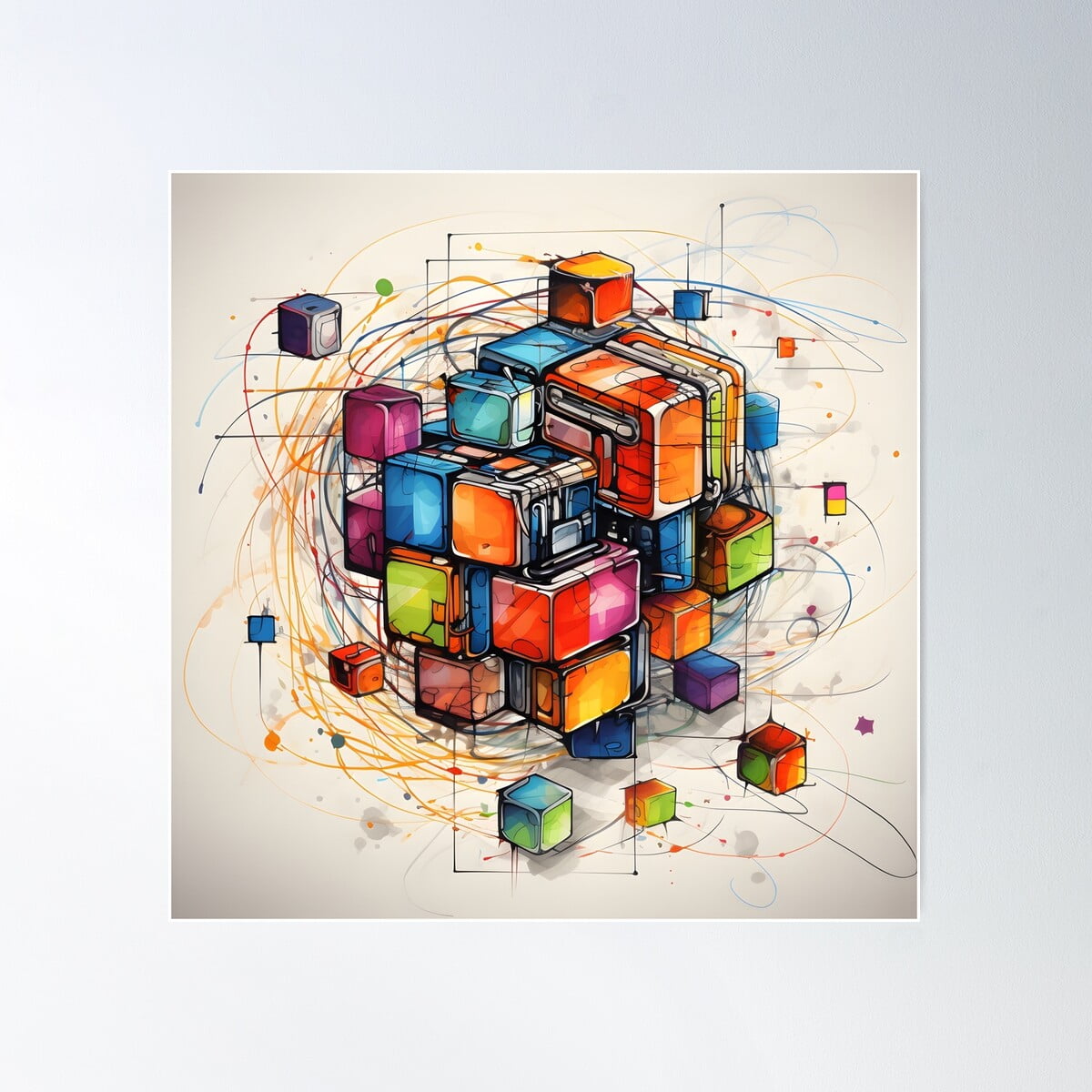 Abstract Rubik'S Cube Mosaic Poster Wall Art, Modern Wall Decor For ...