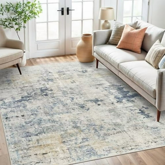 Abstract Rug 5x7 Machine Washable Area Indoor Blue Yellow Low Pile Non ...