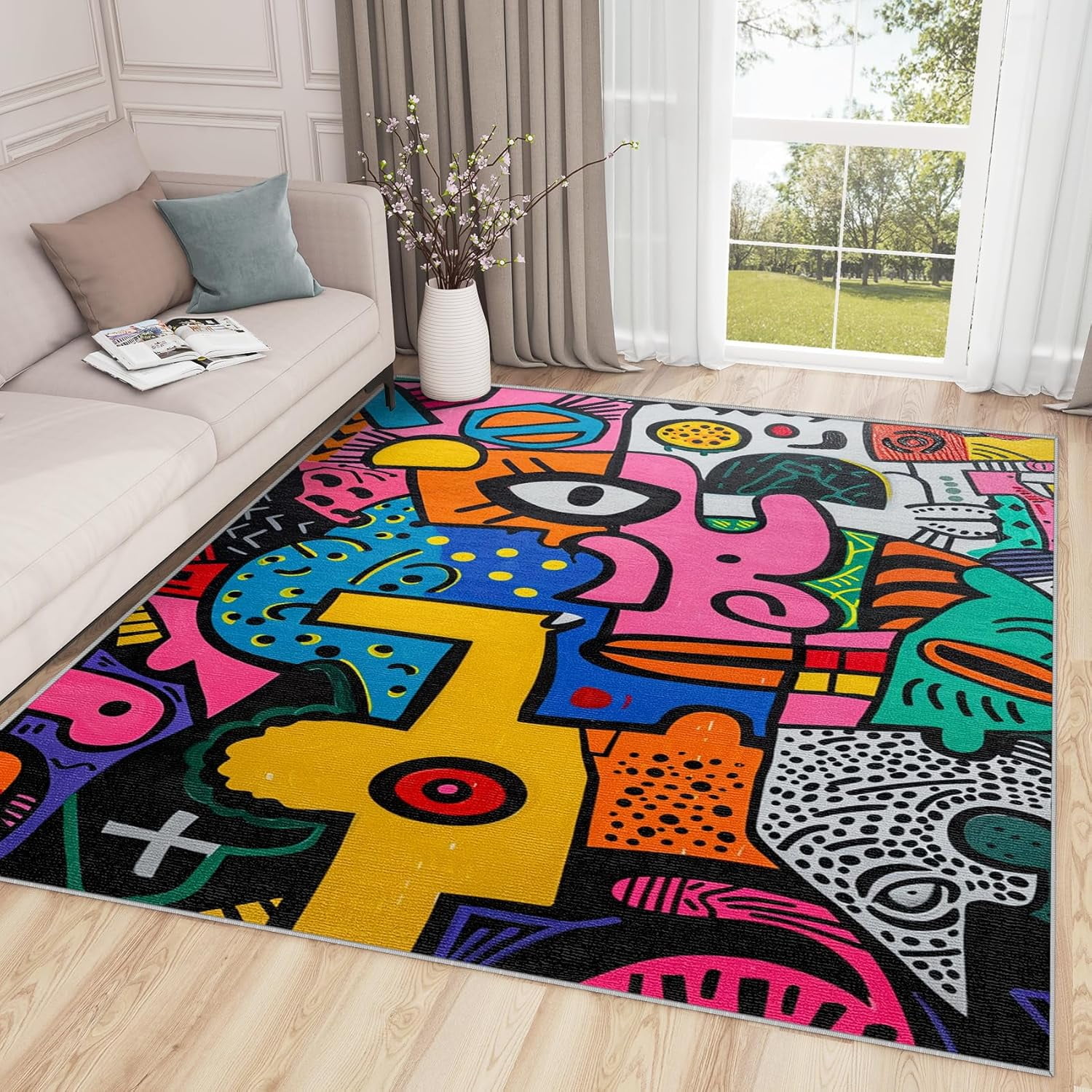 Abstract Rug, Colorful Pop Art Area Rug, Modern Geometric Graffiti Rugs ...