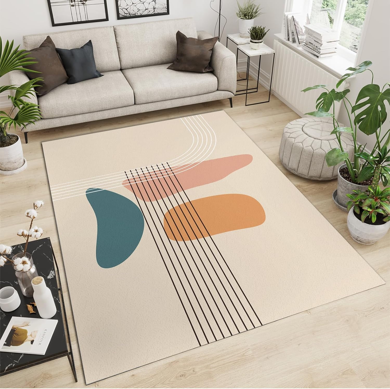 Abstract Rug, Simple Geometric Rugs for Bedroom, Neutral Rug Non Slip ...