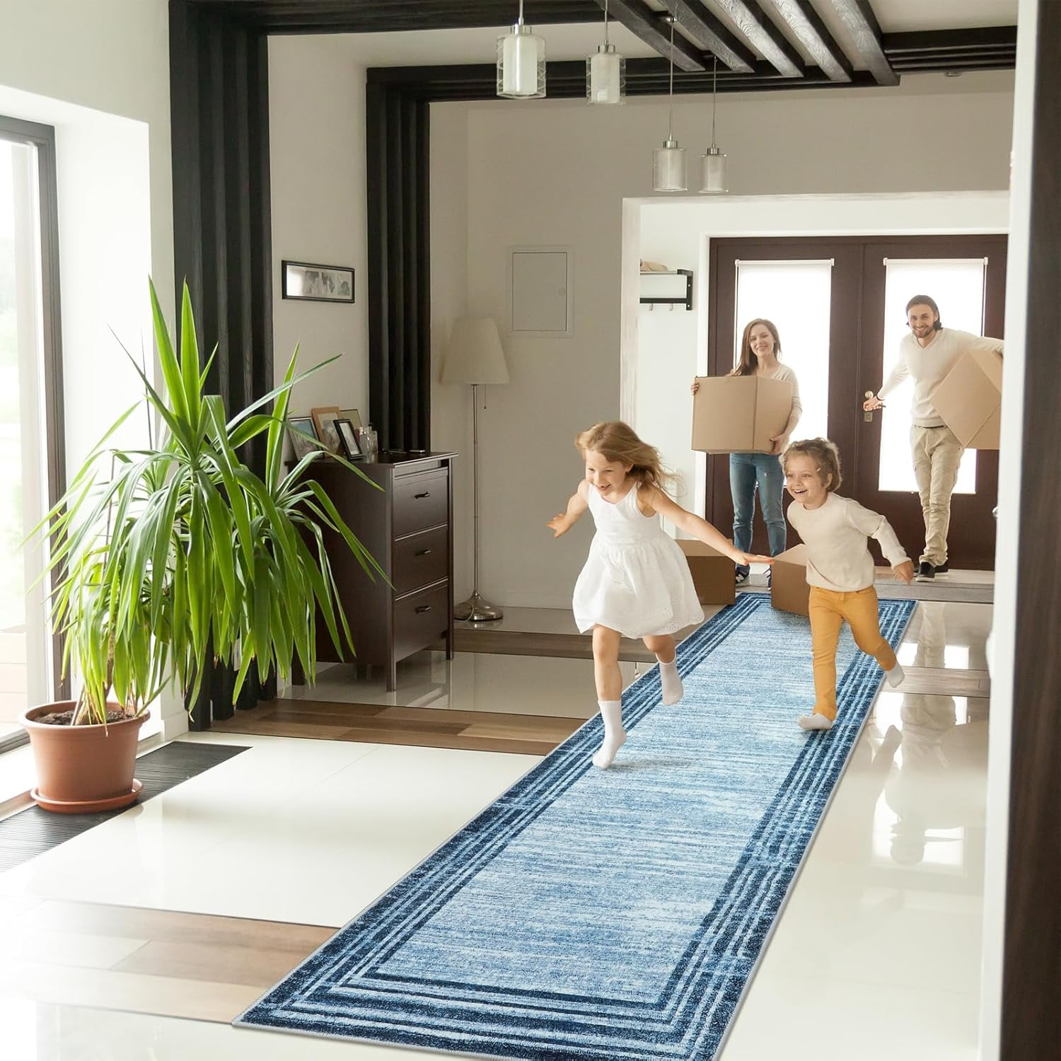 Abstract Runner Rug - 2.5'x12' Soft Blue Runner for Hallways ...