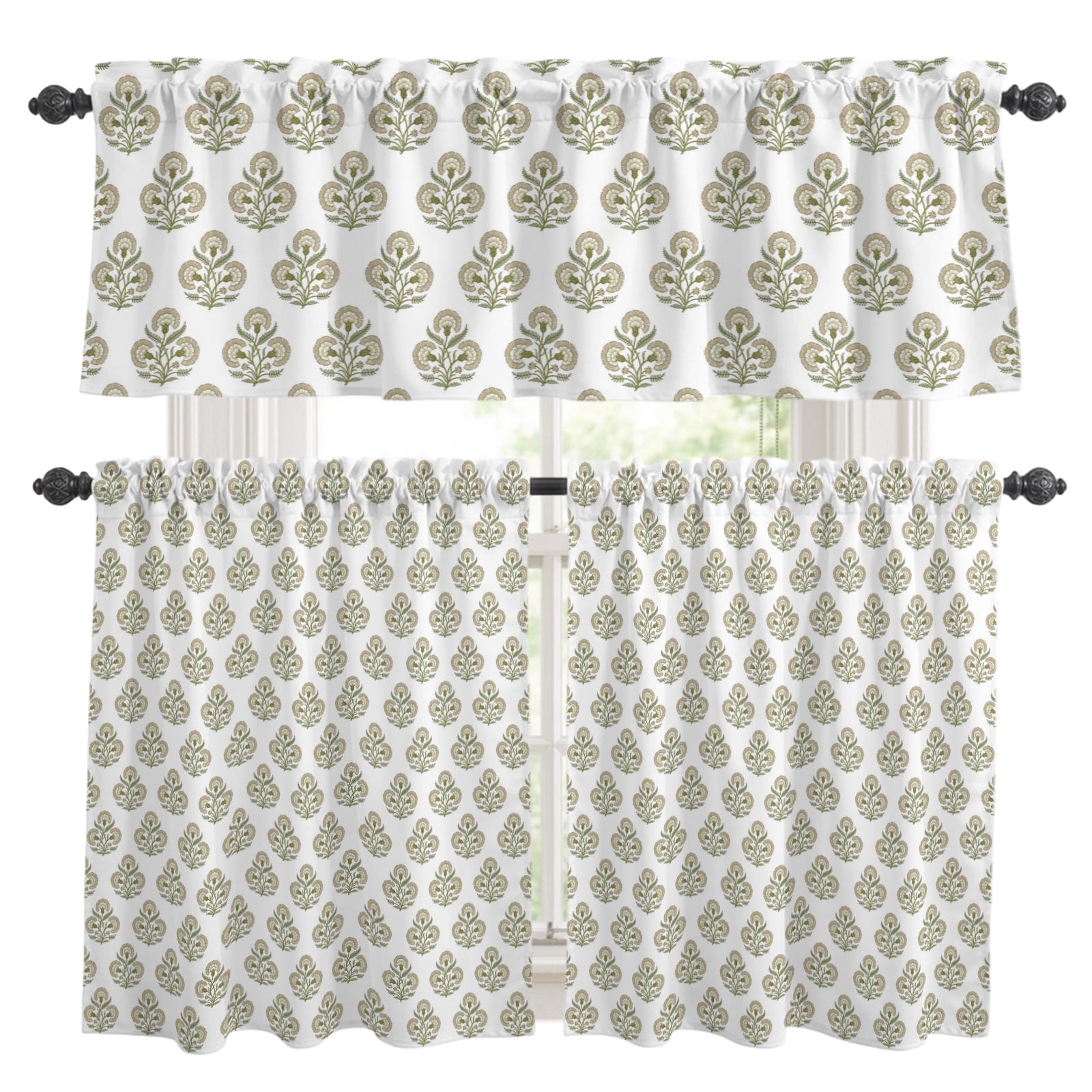 Abstract Sage Green Floral Kitchen Curtains and Valances Set, Vintage ...