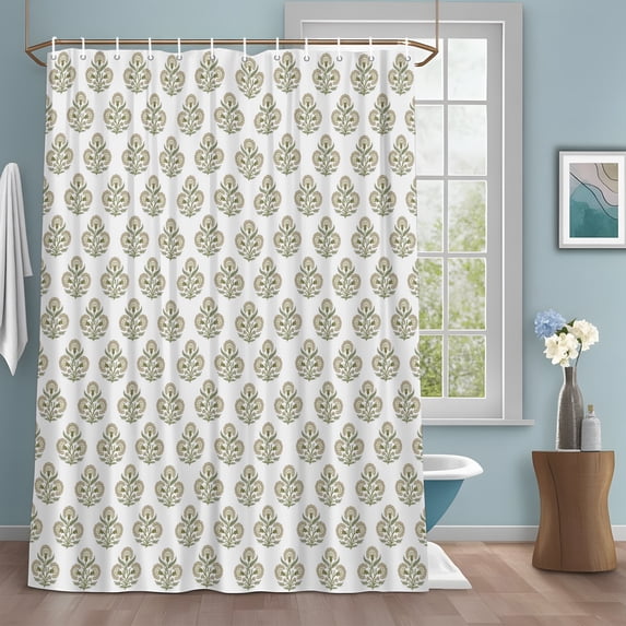 Abstract Sage Green Floral Shower Curtain Set with Hooks, Vintage ...