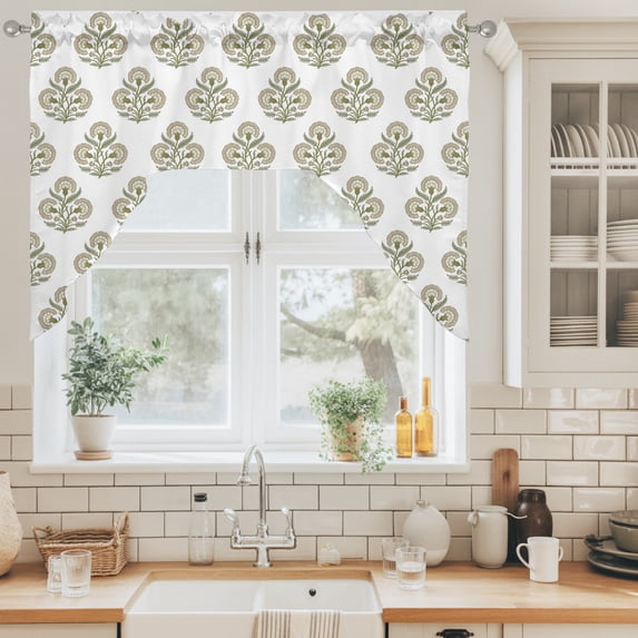 Abstract Sage Green Floral Swag Curtain Valance for Windows, Vintage ...
