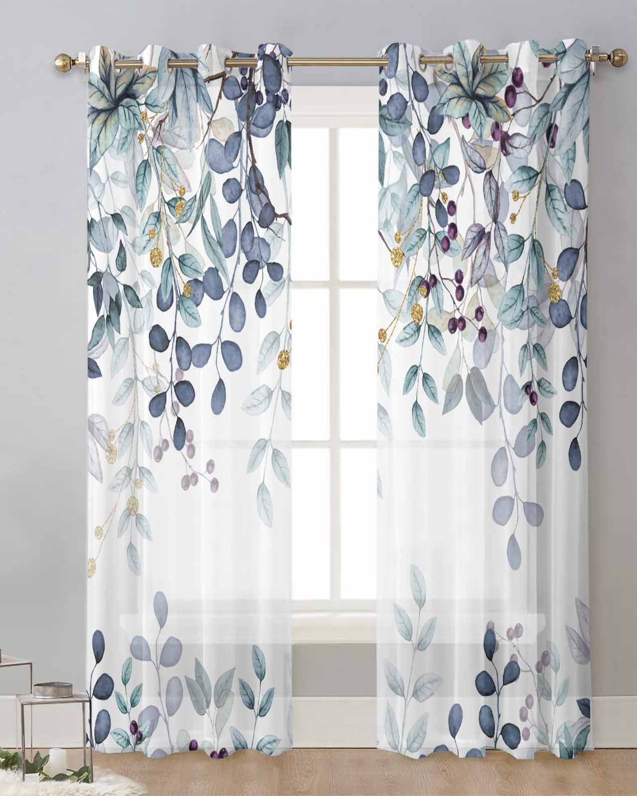 Abstract Sage Green Leaves Branches Sheer Curtains For Living Room ...
