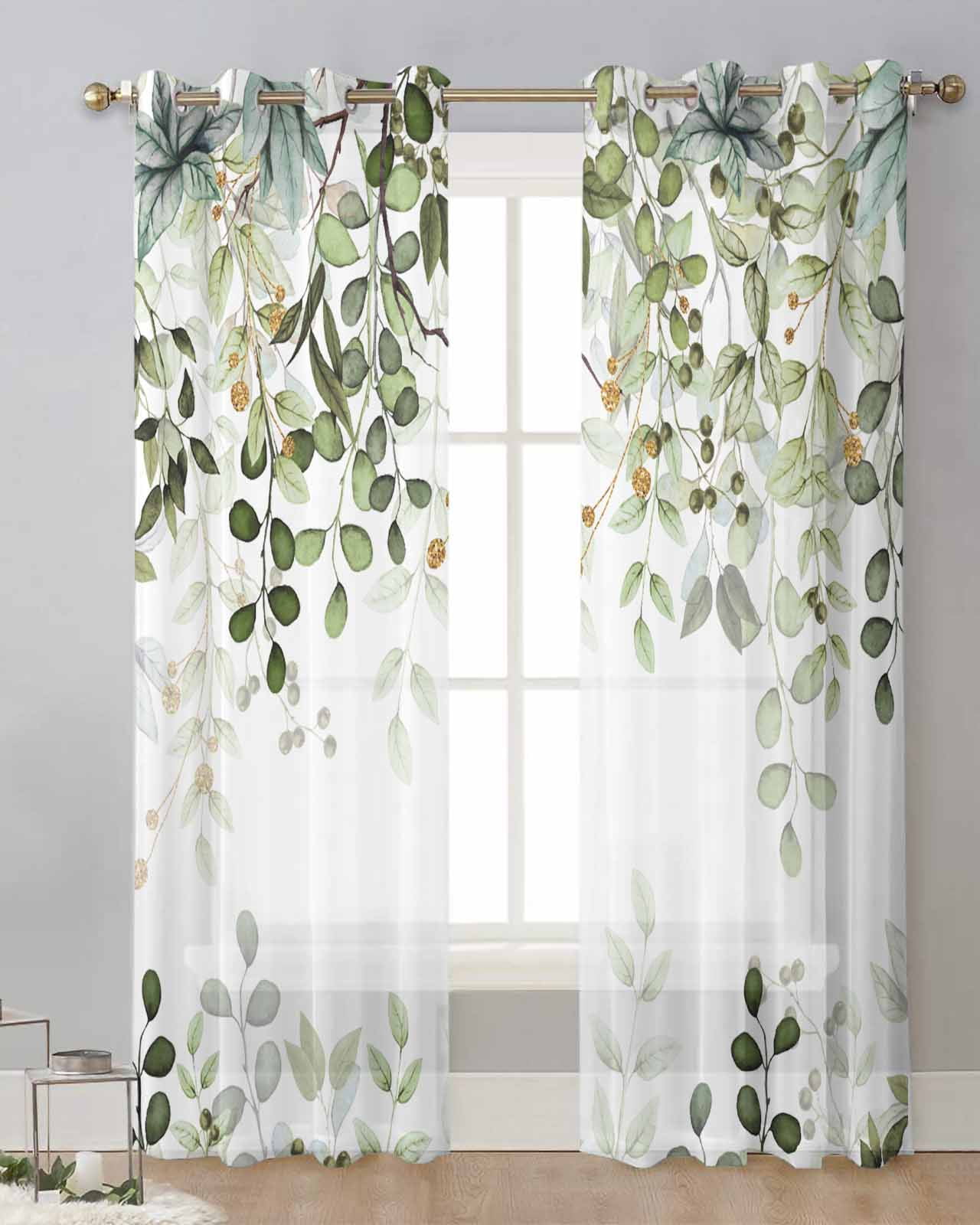 Abstract Sage Green Leaves Branches Sheer Curtains For Living Room ...