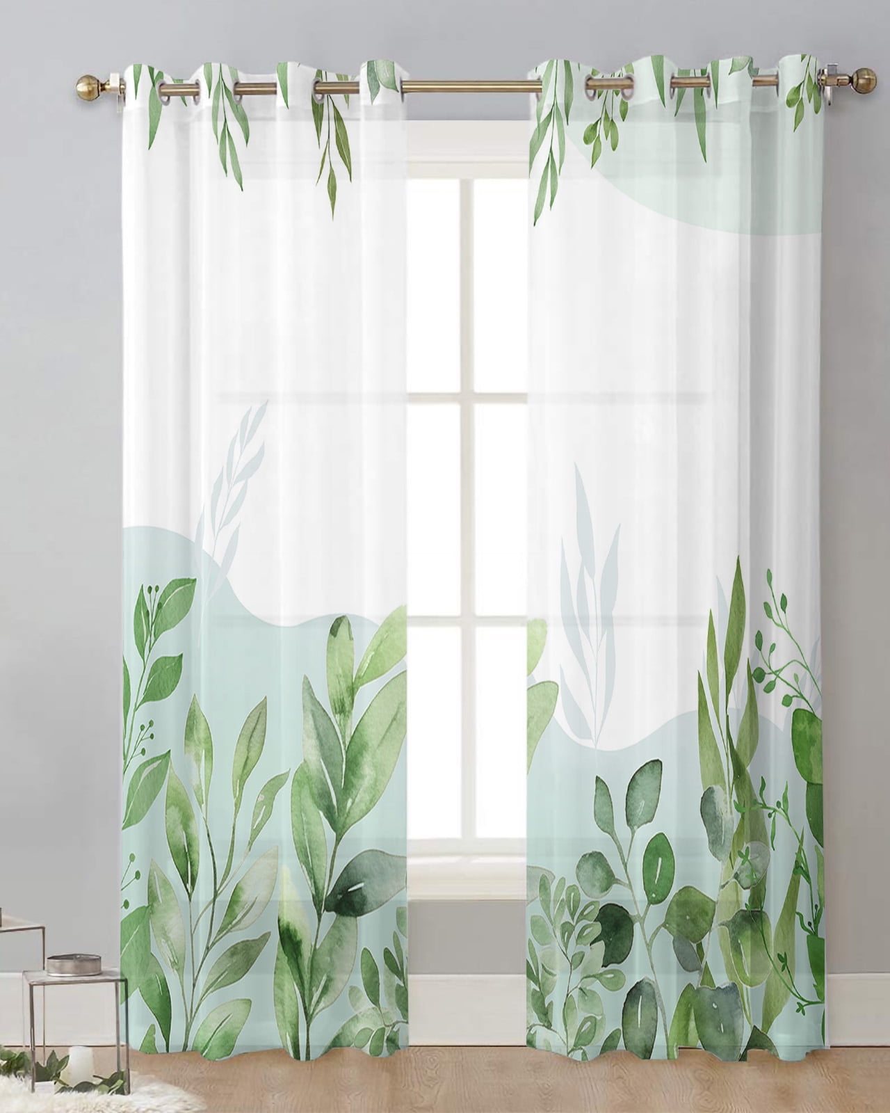 Abstract Sage Green Leaves Branches Sheer Curtains For Living Room ...