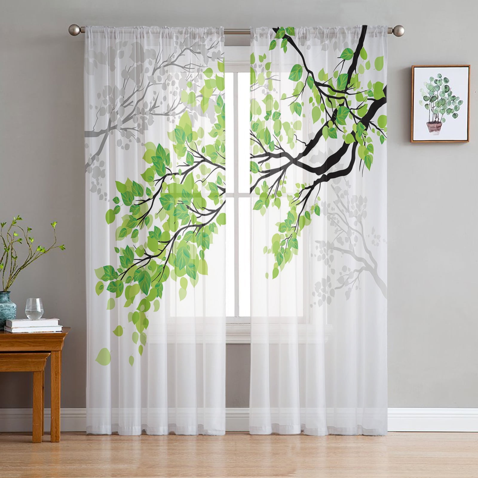 Abstract Sage Green Leaves Branches Tulle Curtains for Living Room ...