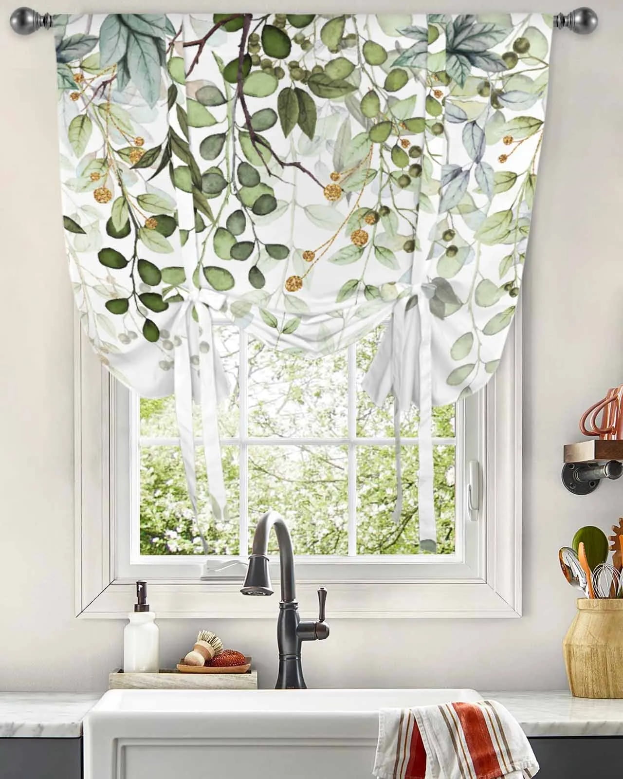 Abstract Sage Green Leaves Branches Window Curtain for Living Room ...