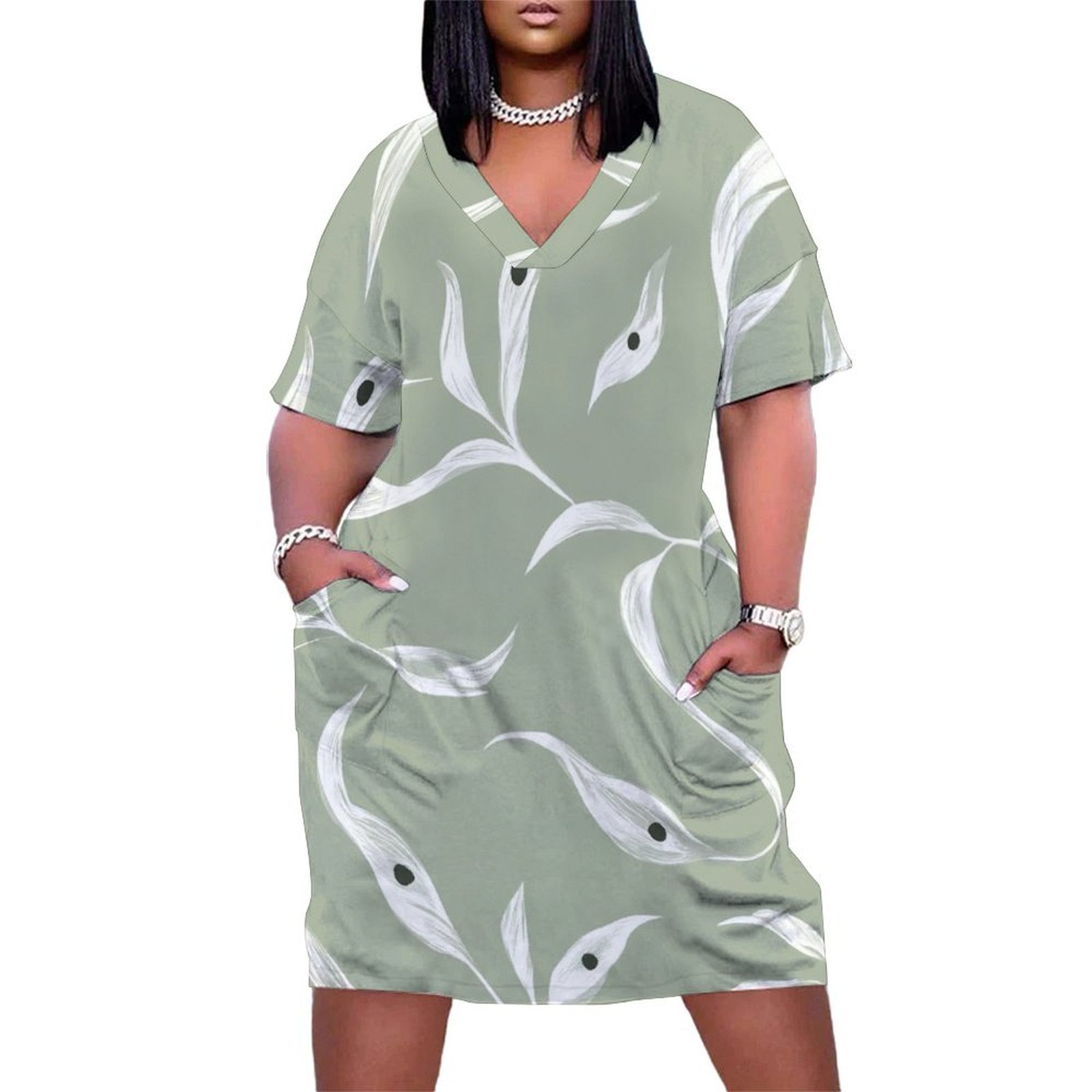 Abstract Sage Green Leaves Pattern Loose Pocket Dress Dresses Summer ...