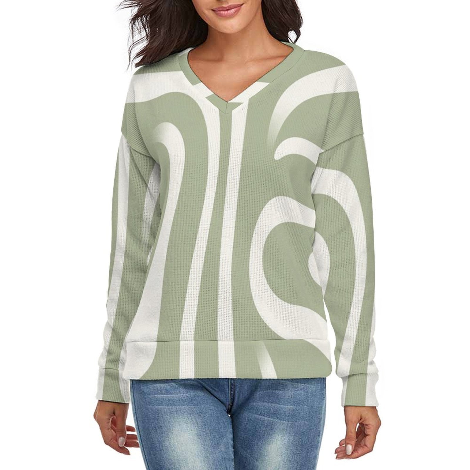 Abstract Sage Green Wave Pattern V-neck Sweater Winter Clothes Long ...