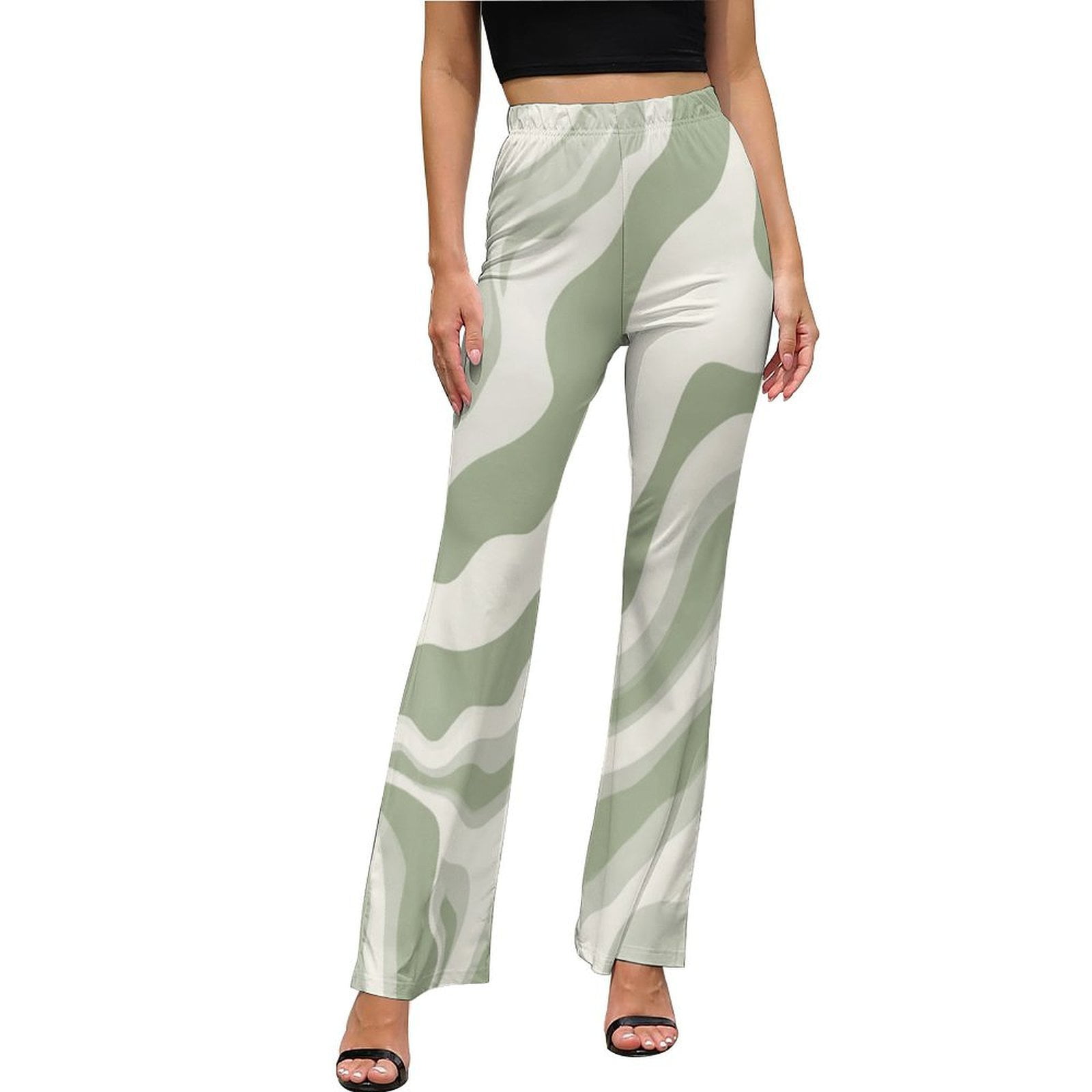 Abstract Sage Green Waves Design High Waisted Casual Flared Trousers ...