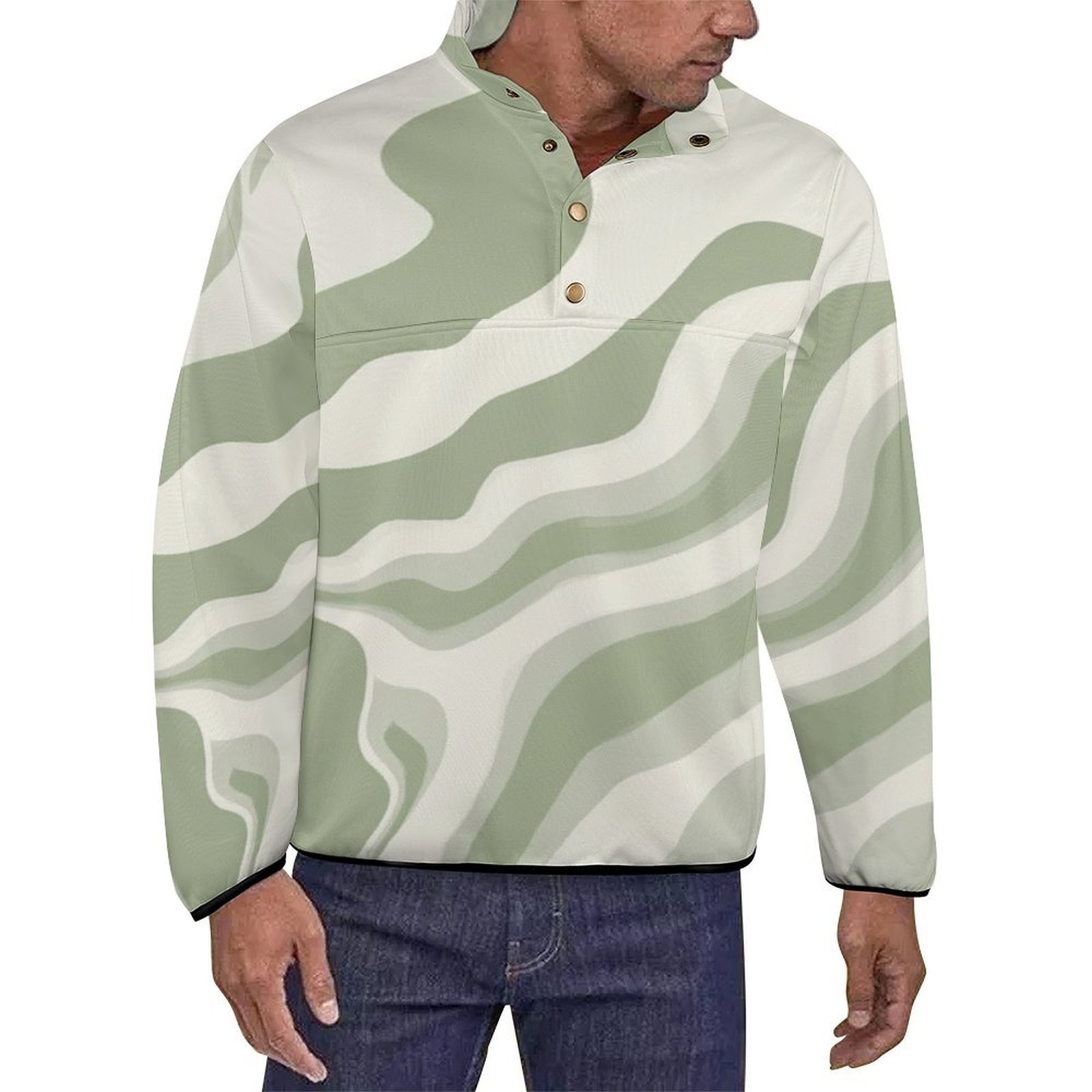 Abstract Sage Green Waves Design Men's Stand Collar Sweater Long Sleeve ...