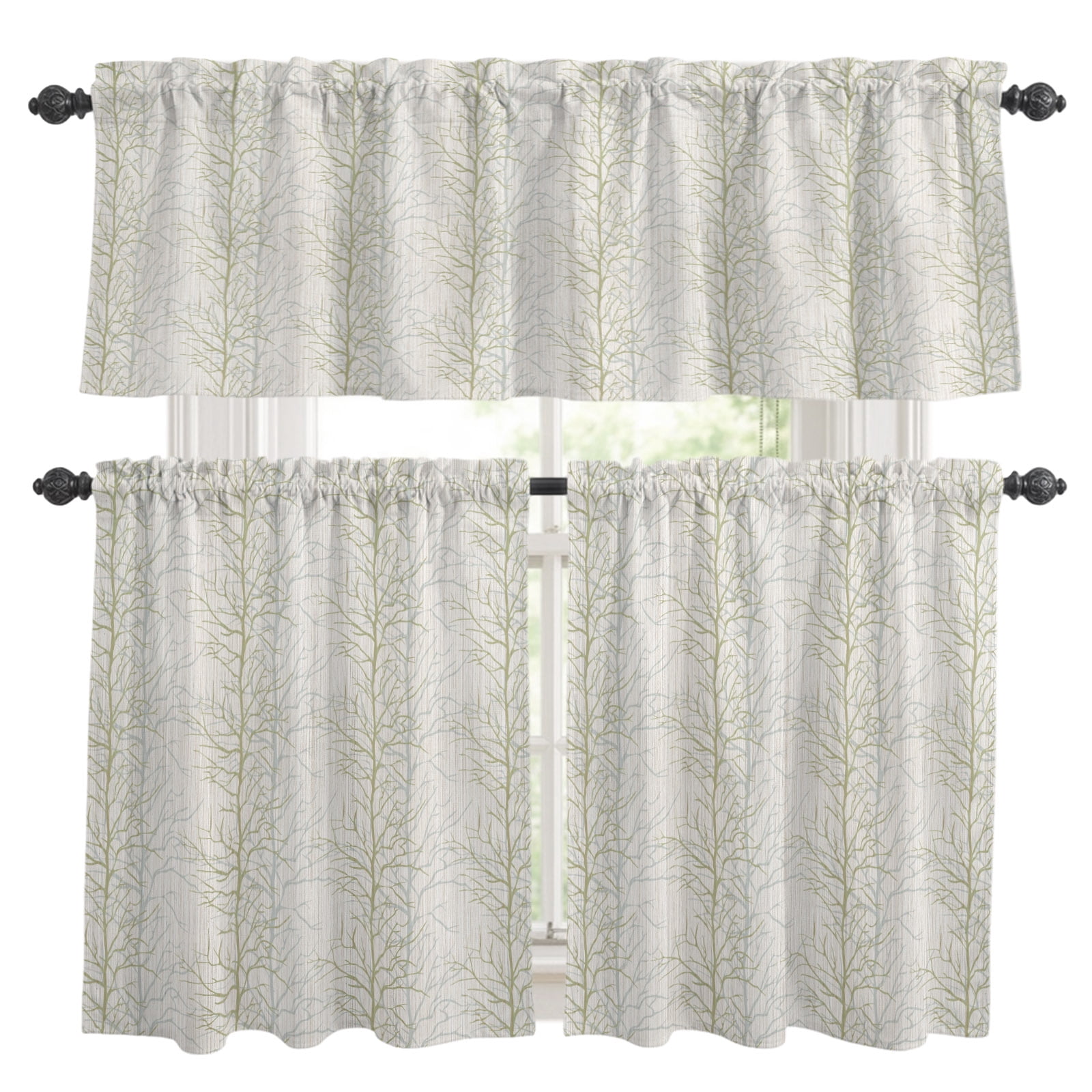 Abstract Sage Kitchen Curtains Valance and Tier Set Green Tree Branch ...