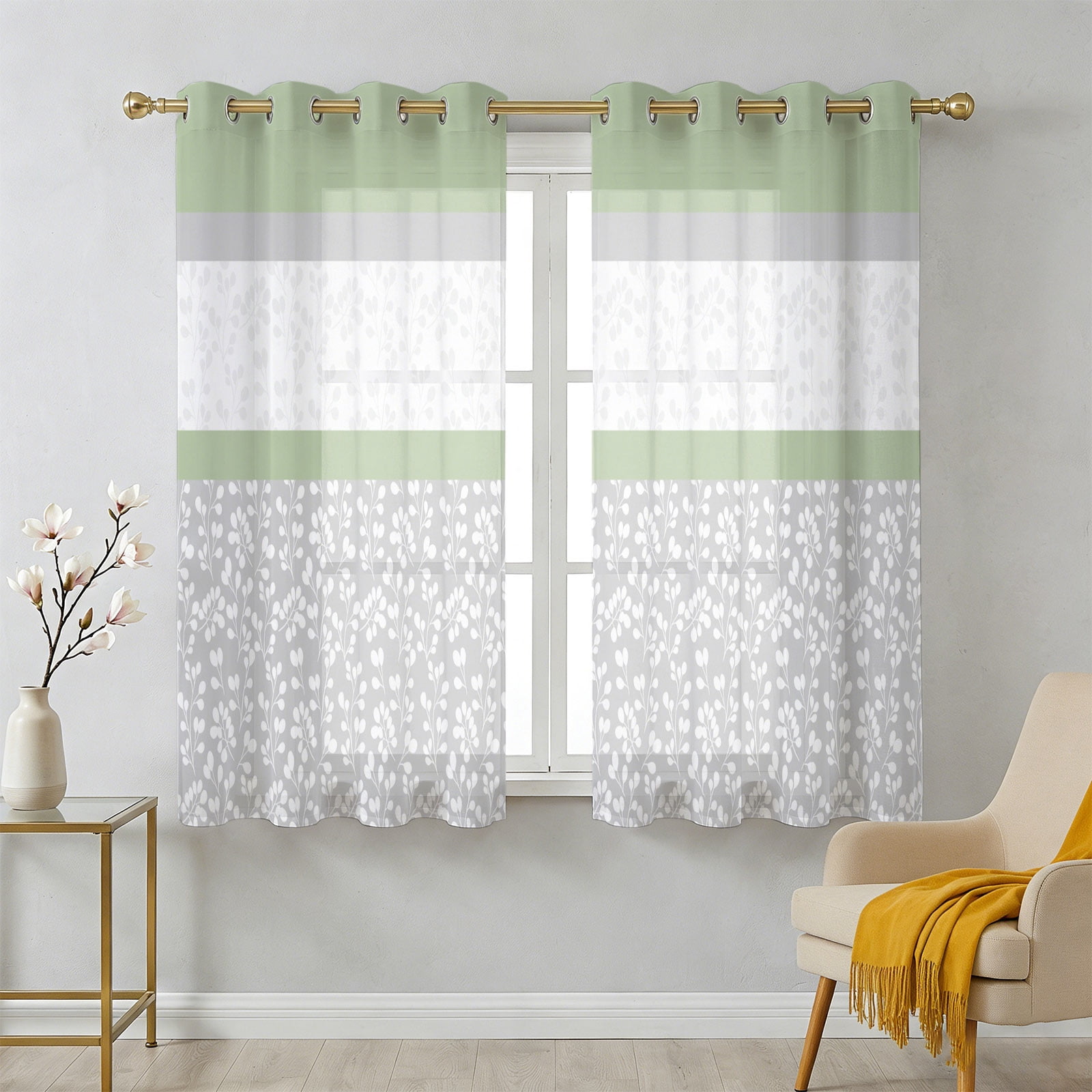 Abstract Sage Sheer Curtains 54 Inch Long 2 Panels, Green Grey Stripes ...