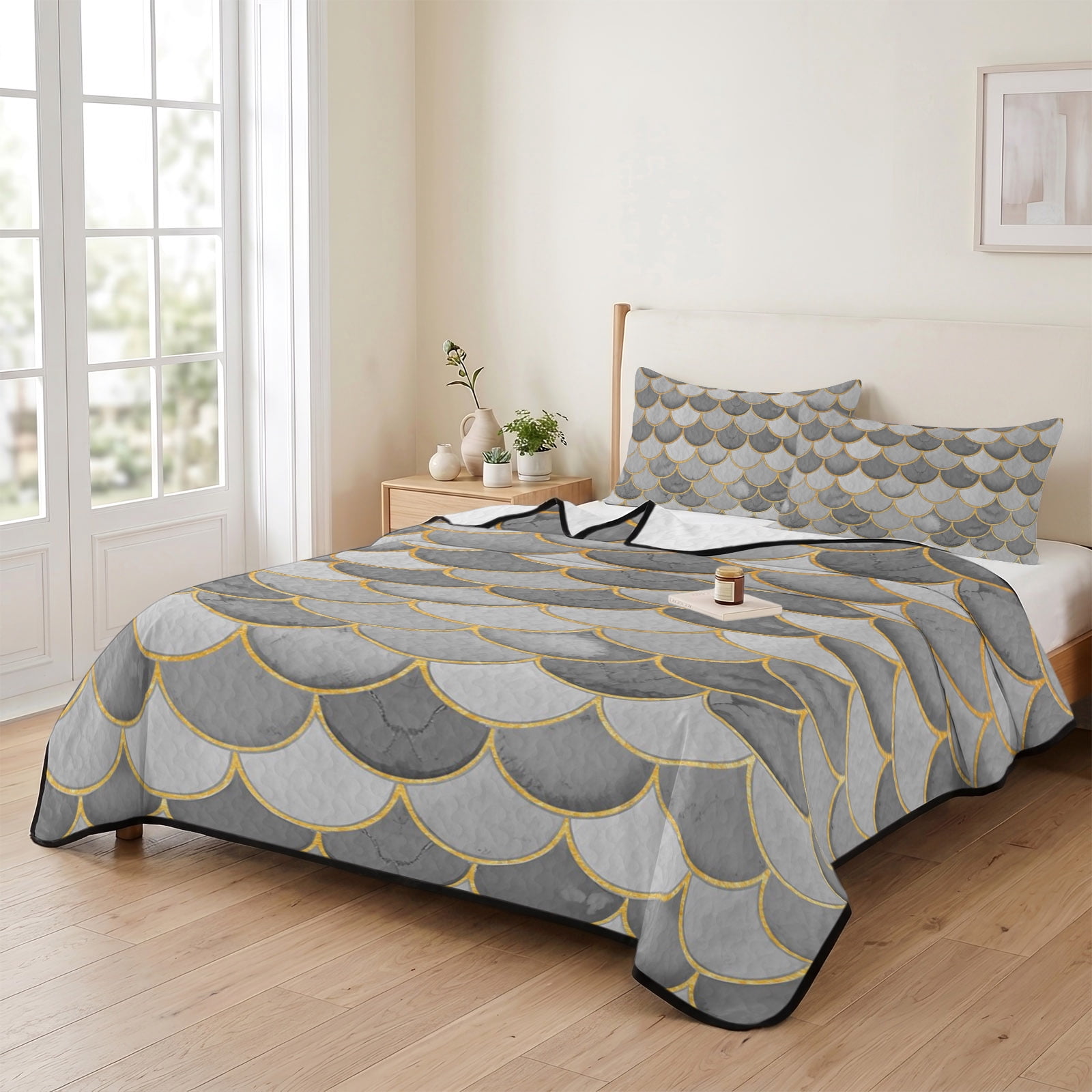 Abstract Scales Gold Line 3 Pieces Quilt Set,1 Quilt with 2 Shams,Grey ...