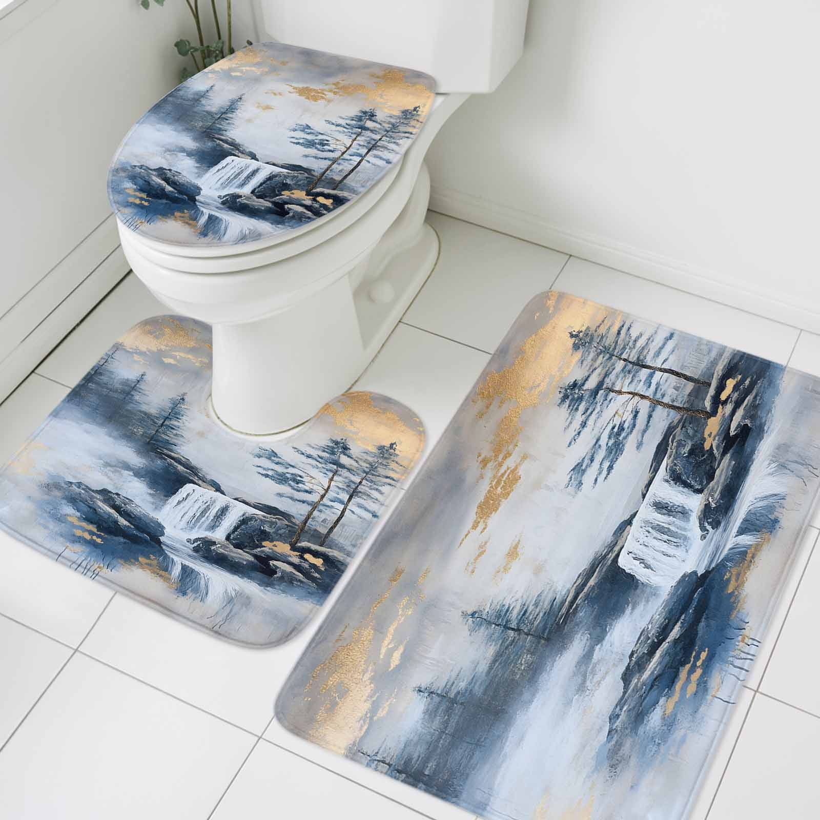 Abstract Scenery Art Bathroom Rugs Set Waterfall Trees Mountain ...