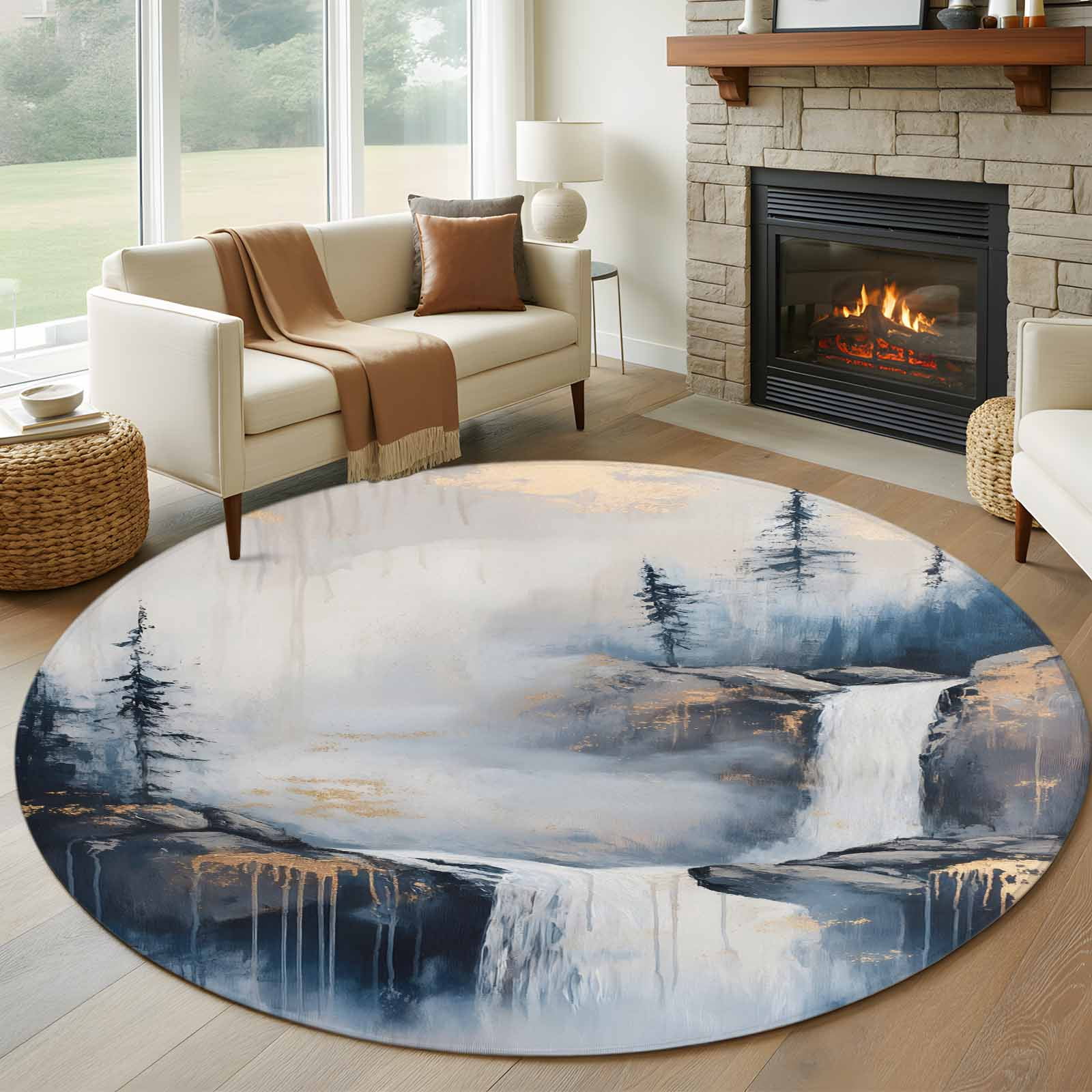 Abstract Scenery Art Round Rugs for Living Room 6ft Mountain Waterfall ...