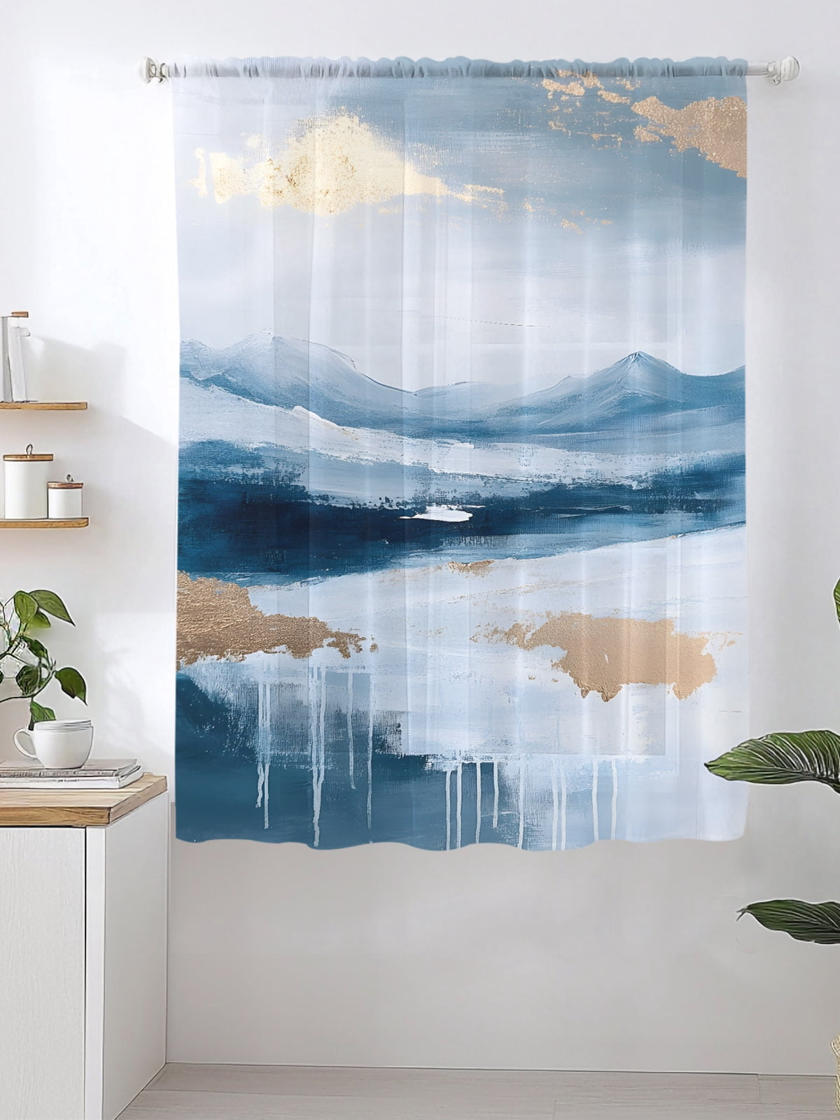 Abstract Scenery Art Sheer Curtains 63 Inch Long 1 Panel Mountain Lake ...