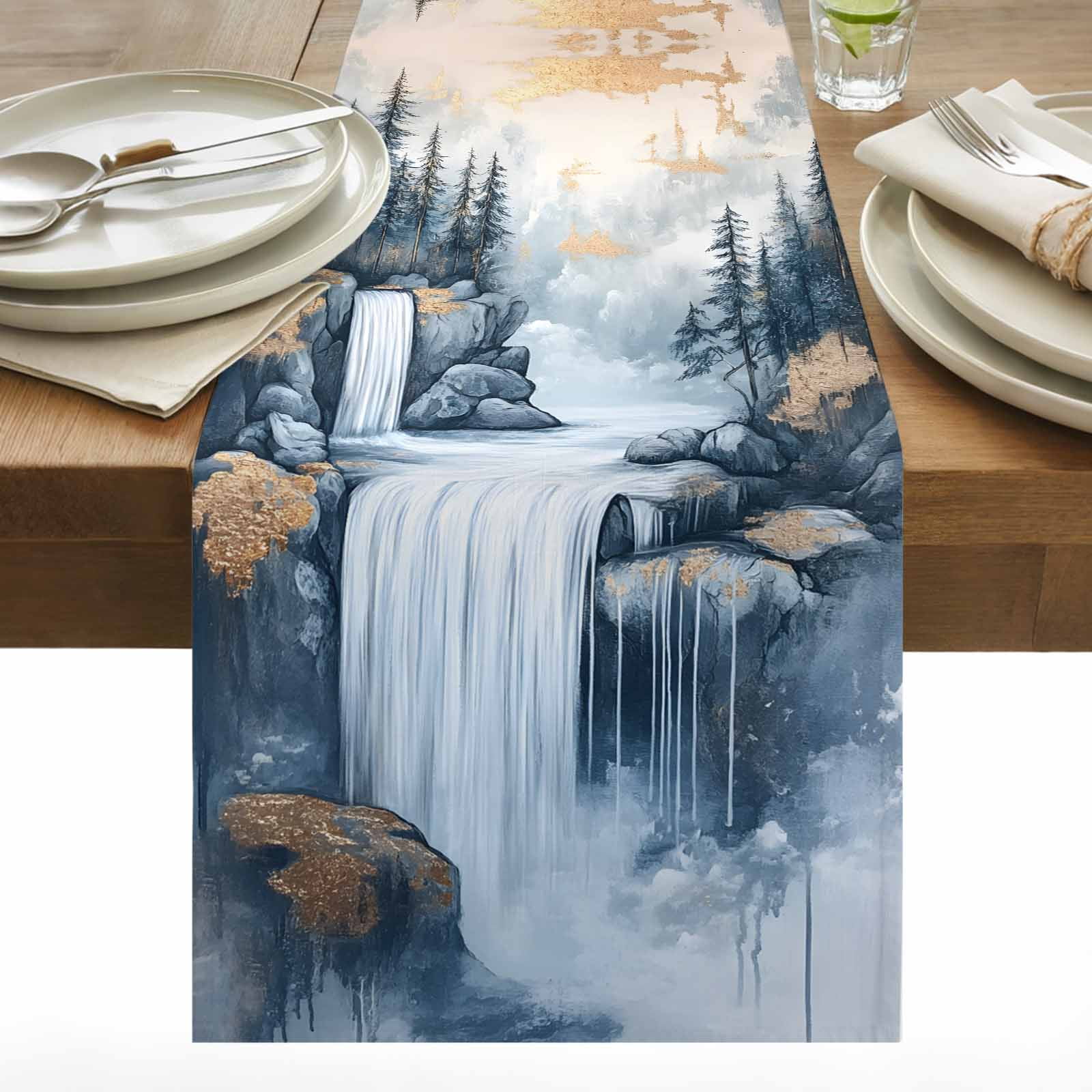 Abstract Scenery Art Table Runner 13x36 inch Waterfall Mountain Trees ...