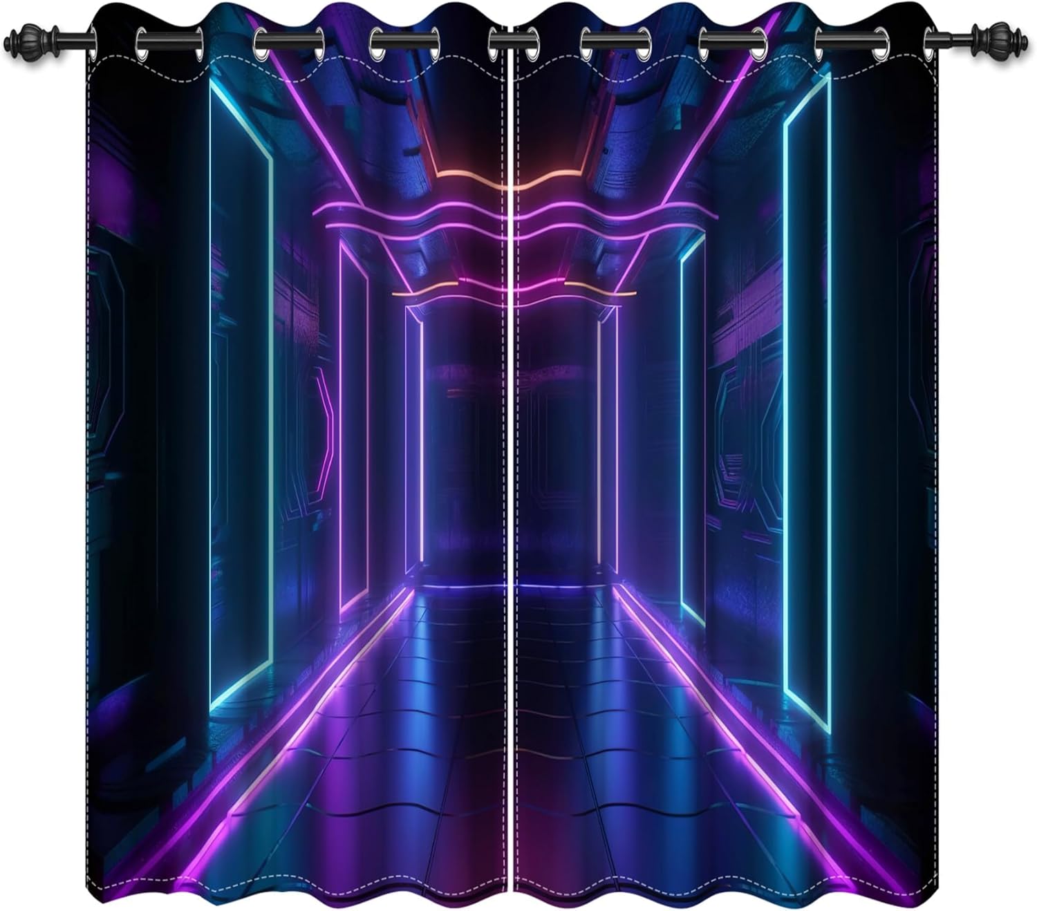 Abstract Sci-Fi Soft Window Curtain, Neon 3D Valance Pattern Window ...