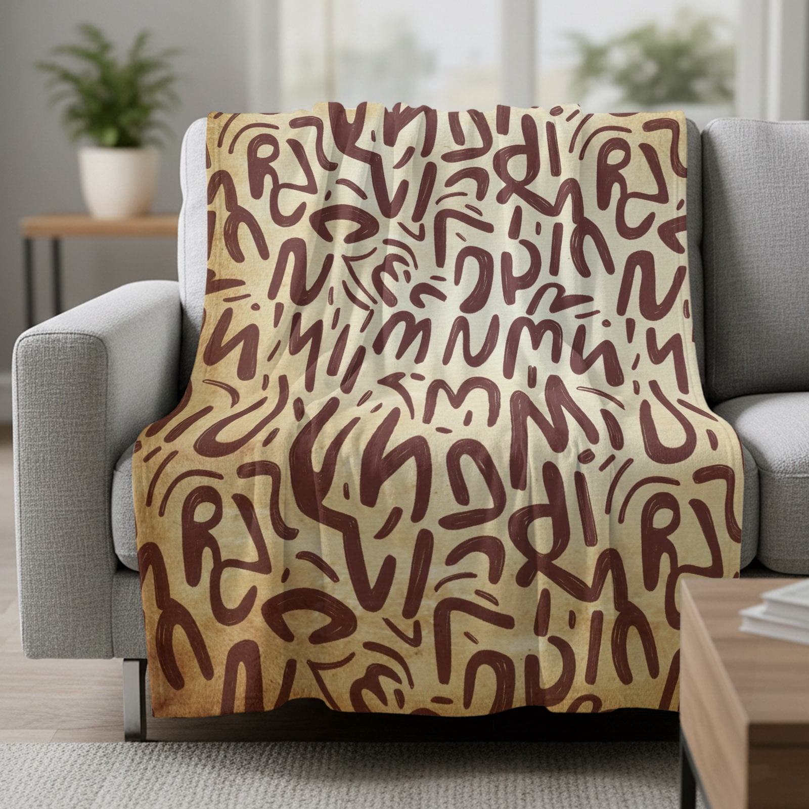 Abstract Scribbles Fleece Throw Blanket Calligraphic Marks Modern Brown ...