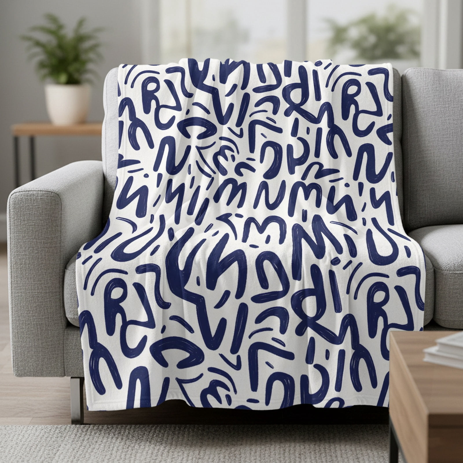 Abstract Scribbles Fleece Throw Blanket Calligraphic Marks Modern Navy ...