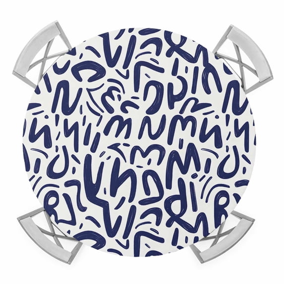 Abstract Scribbles Round Table Cover, Calligraphic Marks Modern Navy ...