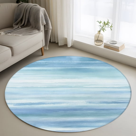 Abstract Sea 4FT Round Area Rugs Modern Minimalist Light Blue Stripes ...