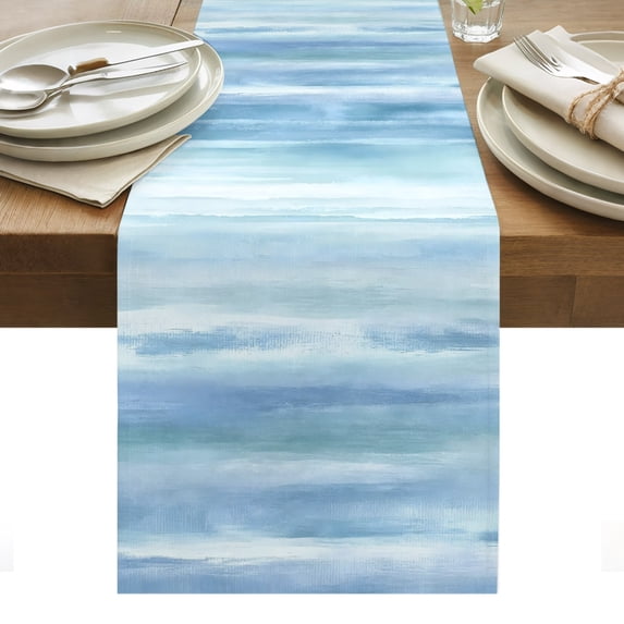 Abstract Sea Cotton Linen Table Runner Modern Minimalist Light Blue ...