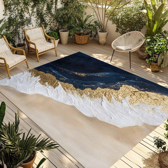 Abstract Sea Outdoor Rug, Wave Texture Blue Gold White Ombre Modern Art ...