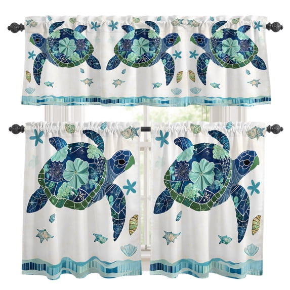 Abstract Sea Turtle Kitchen Curtains Set for Windows, Floral Starfish ...
