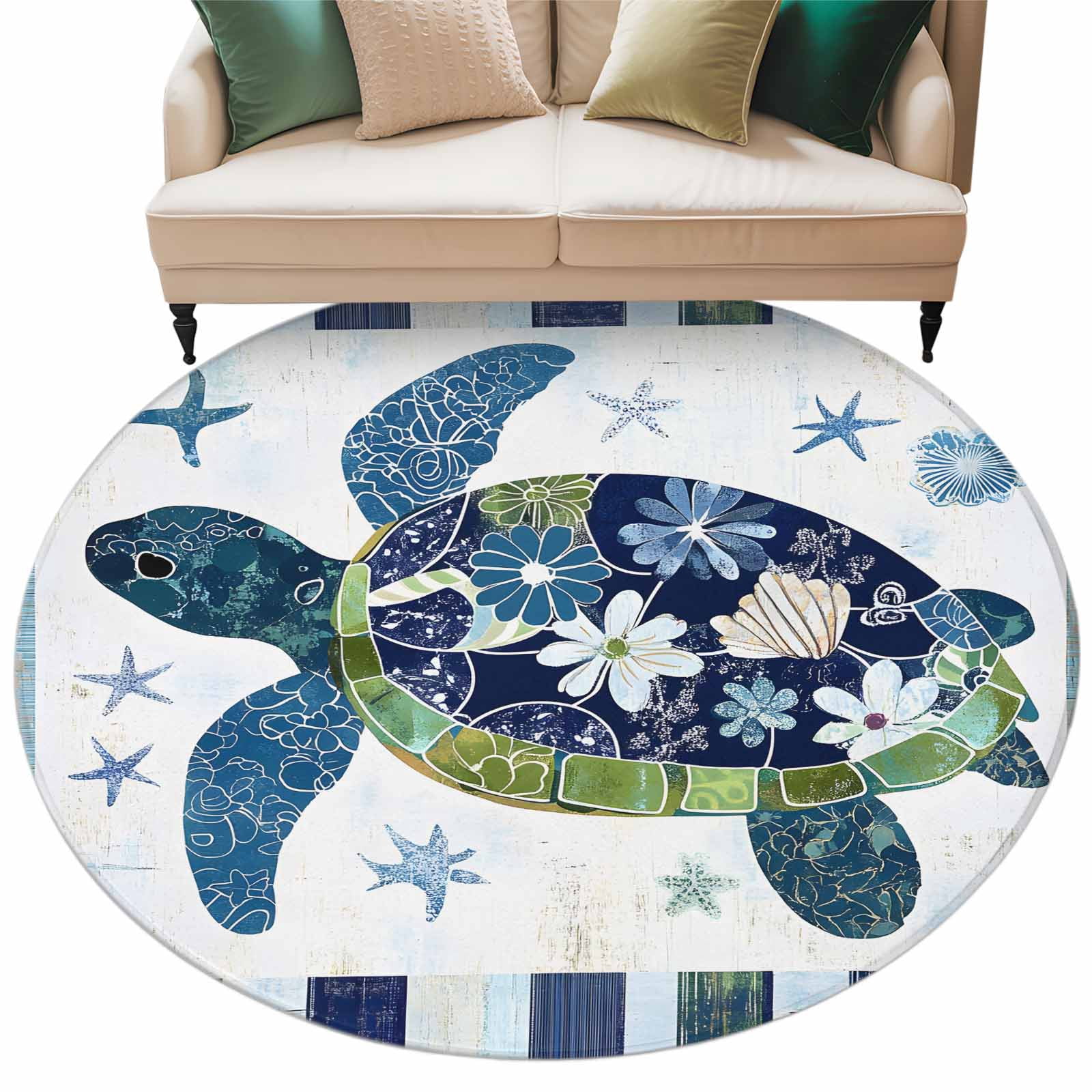 Abstract Sea Turtle Round Area Rug 5 ft Floral Starfish Retro Ocean ...
