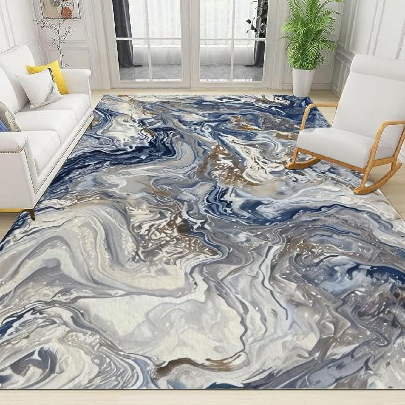 Abstract Sea Waves Area Rug, Modern Blue Gray Marble Rug, Machine ...
