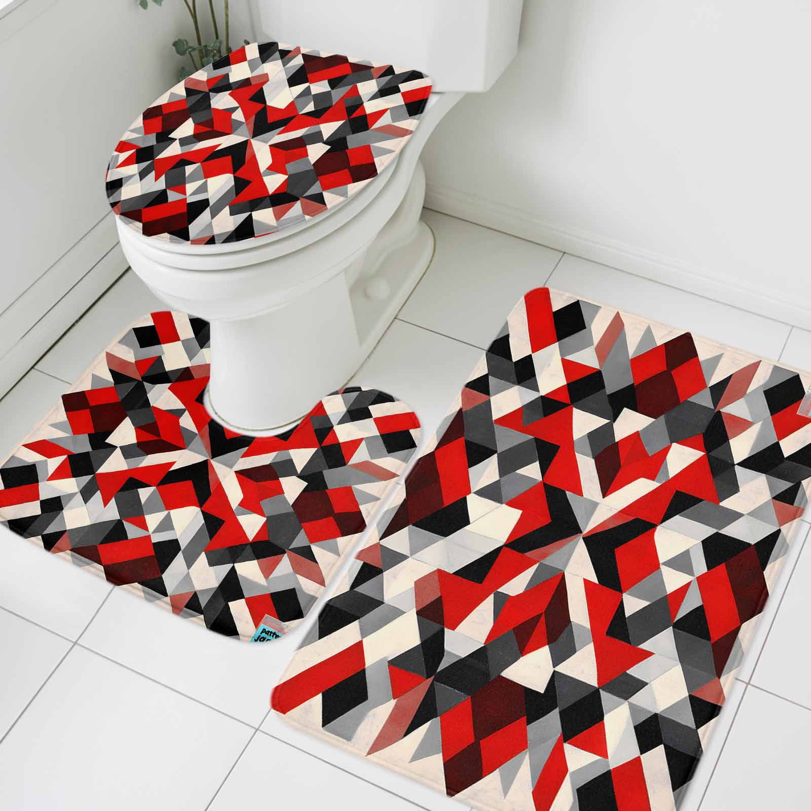Abstract Seamless Stitching Bathroom Rugs Set Red Black Crystal Effect ...