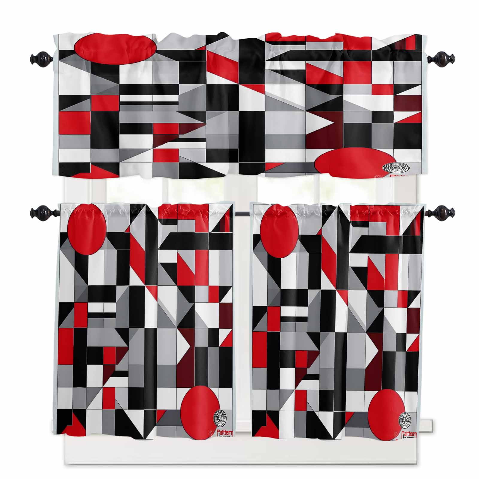 Abstract Seamless Stitching Kitchen Curtains Valance and Tier Set Red ...
