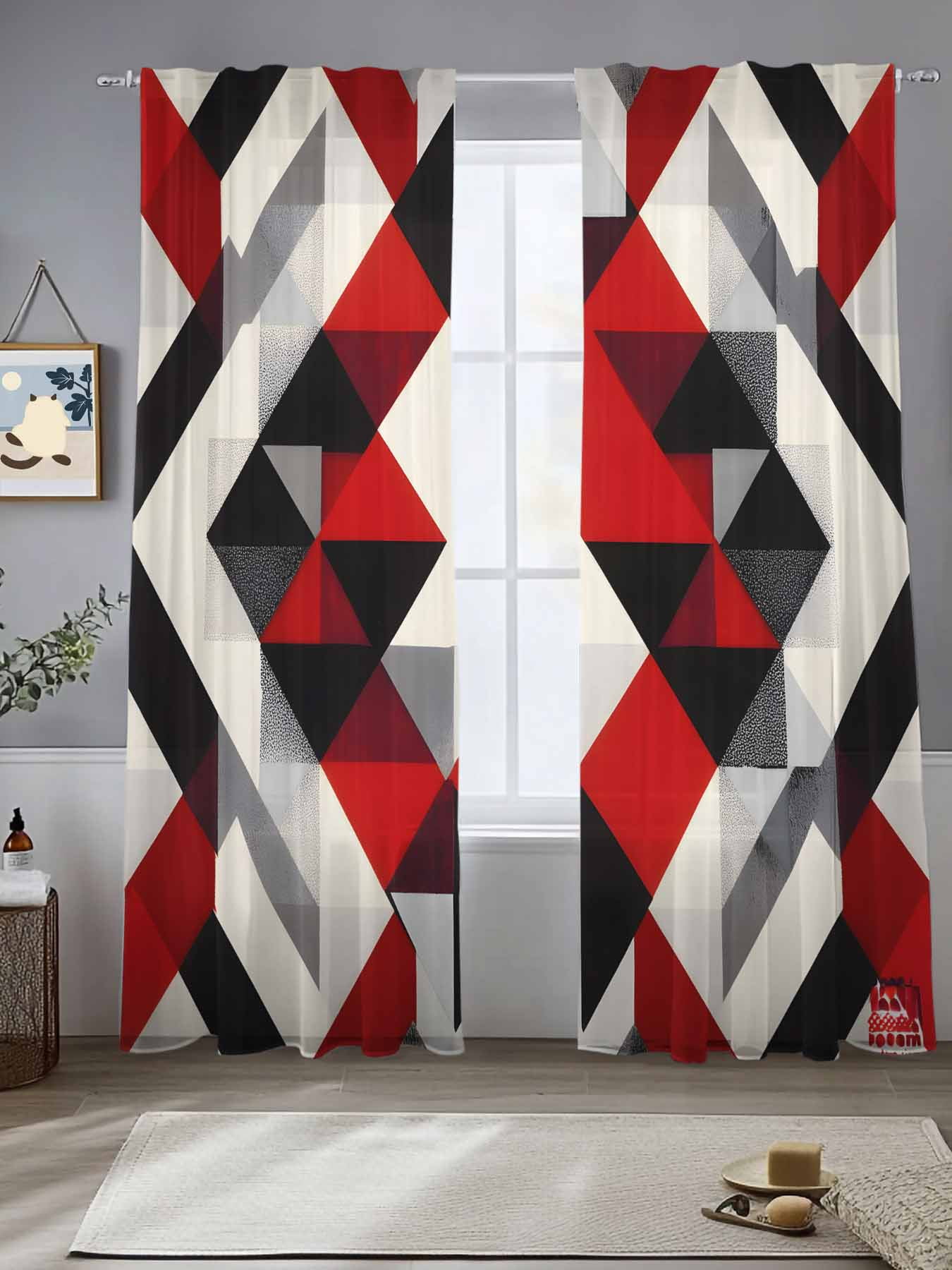 Abstract Seamless Stitching Sheer Curtains 84 Inches Long 2 Panels Red ...
