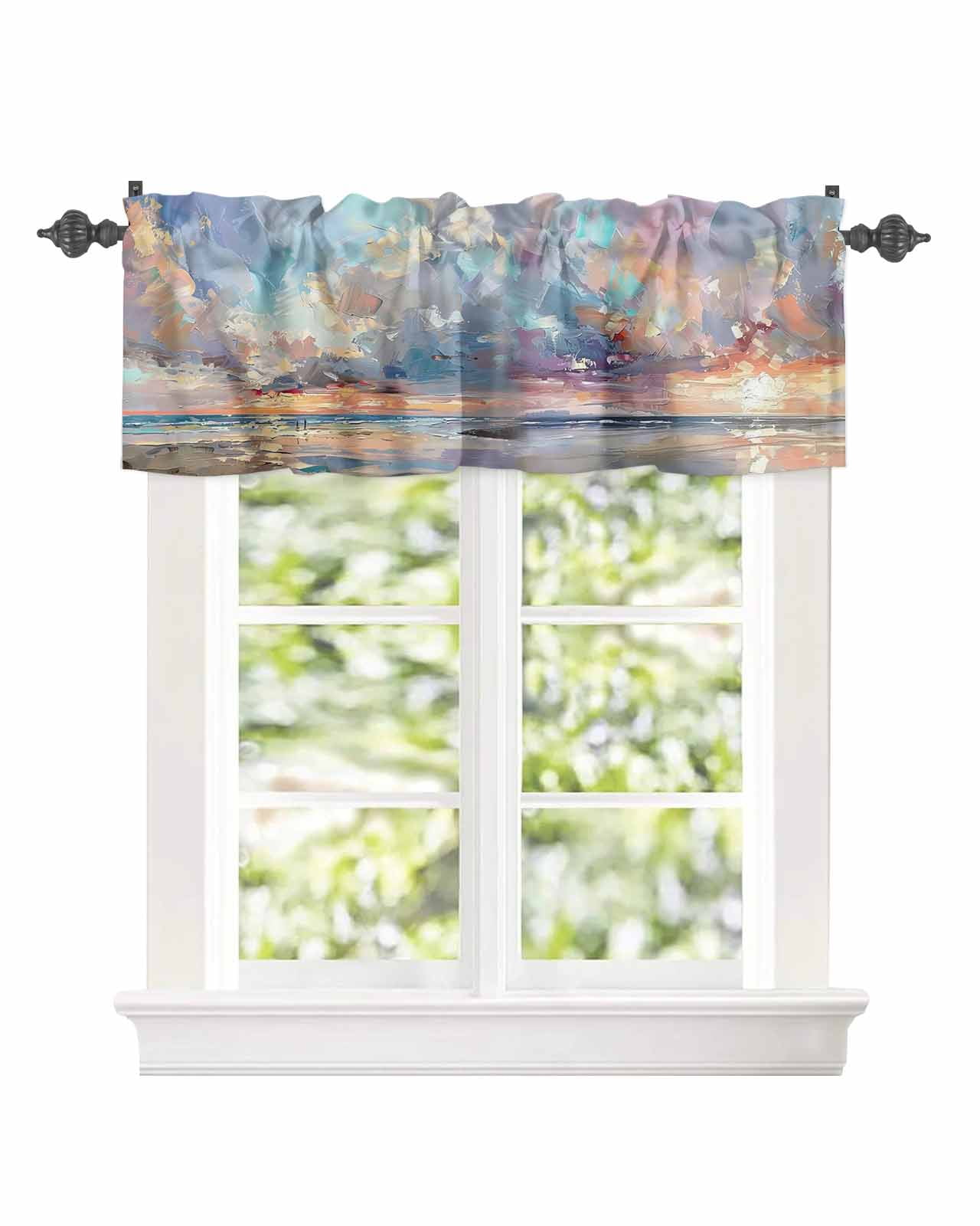 Abstract Seaside Beach Oil Painting Style Window Valances for Kitchen ...