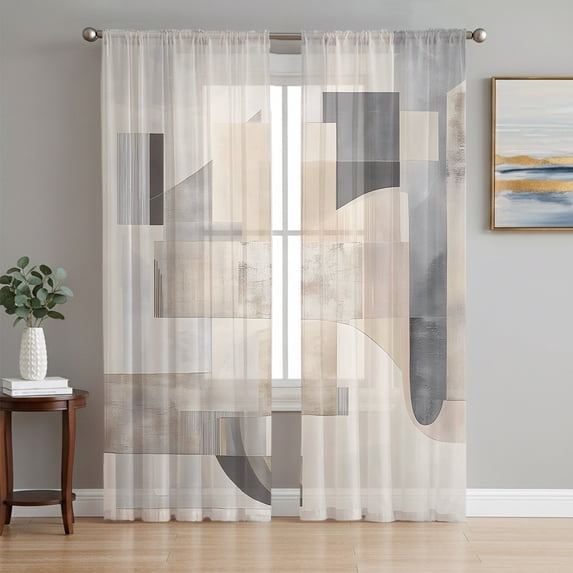 Abstract Semi Sheer Curtains 108 Inch Length 2 Panels Set, Modern ...