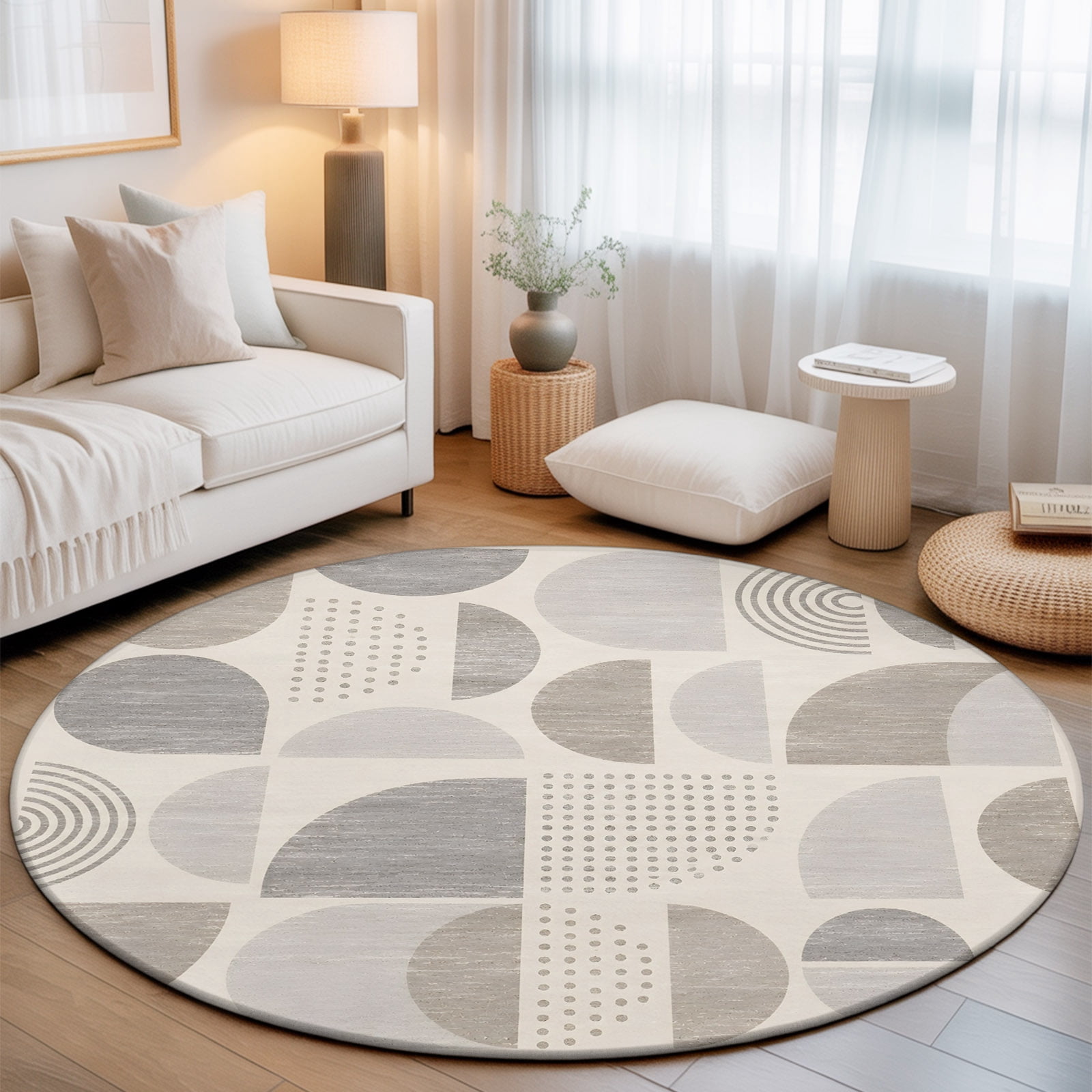 Abstract Semicircles Round Living Room Rugs 5 ft, Boho Art Modern Taupe ...