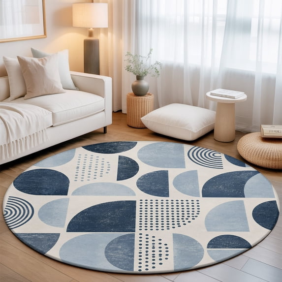 Abstract Semicircles Round Living Room Rugs 8 ft, Boho Art Modern Denim ...