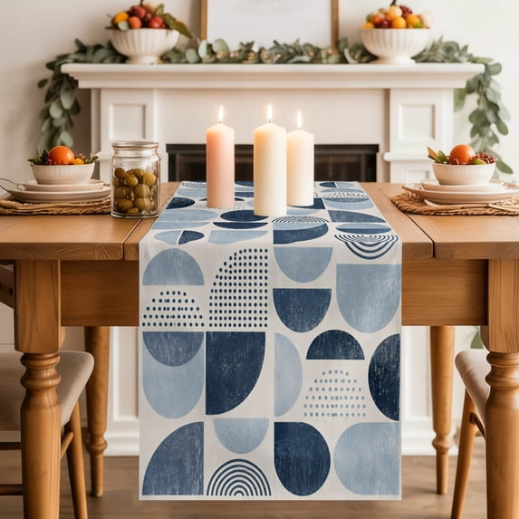 Abstract Semicircles Table Runner, Boho Art Modern Denim Blue ...