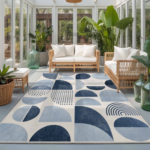 Abstract Semicircles Washable Area Rugs 4'x6', Boho Art Modern Denim ...