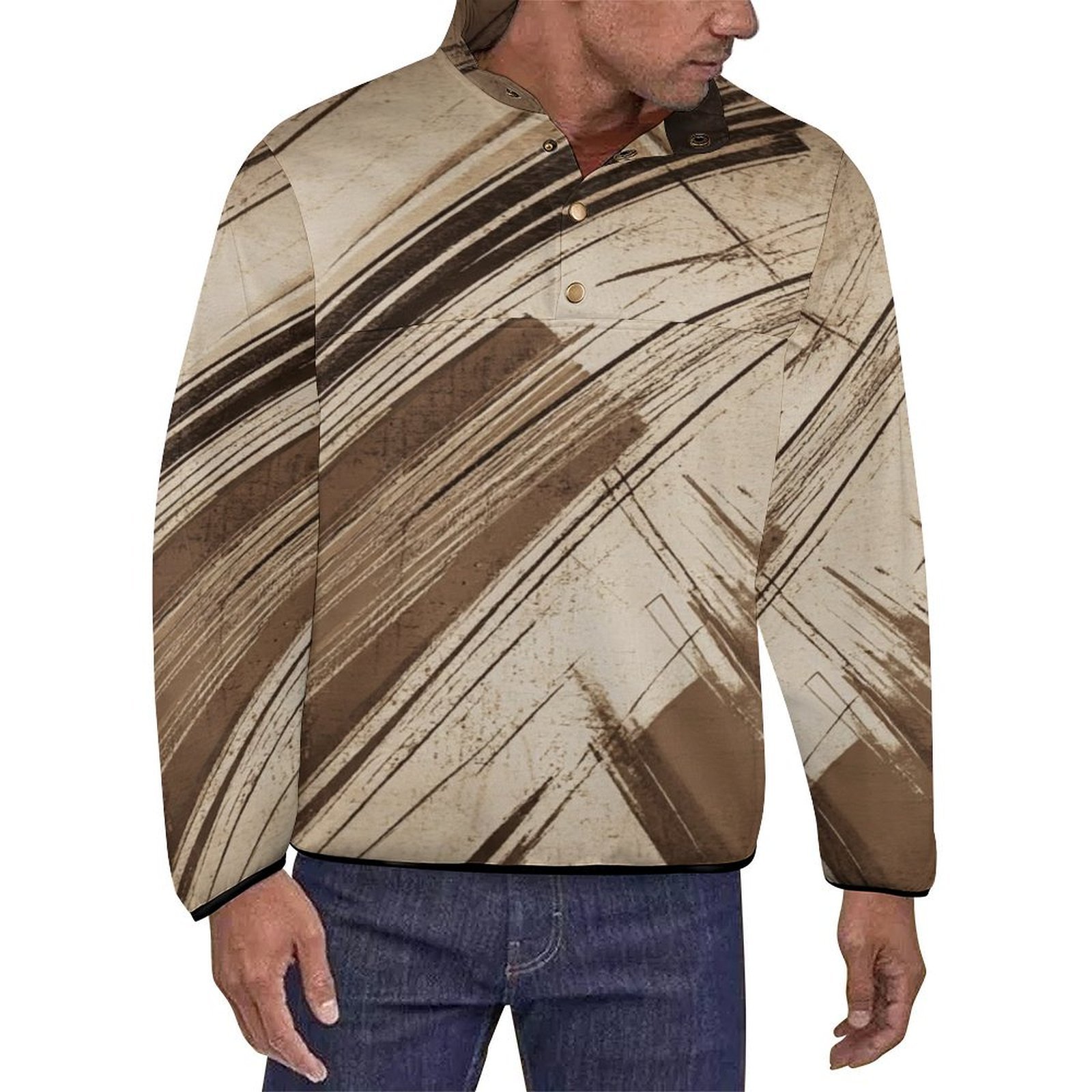Abstract Sepia Brush Strokes Art Men's Stand Collar Sweater Long Sleeve ...